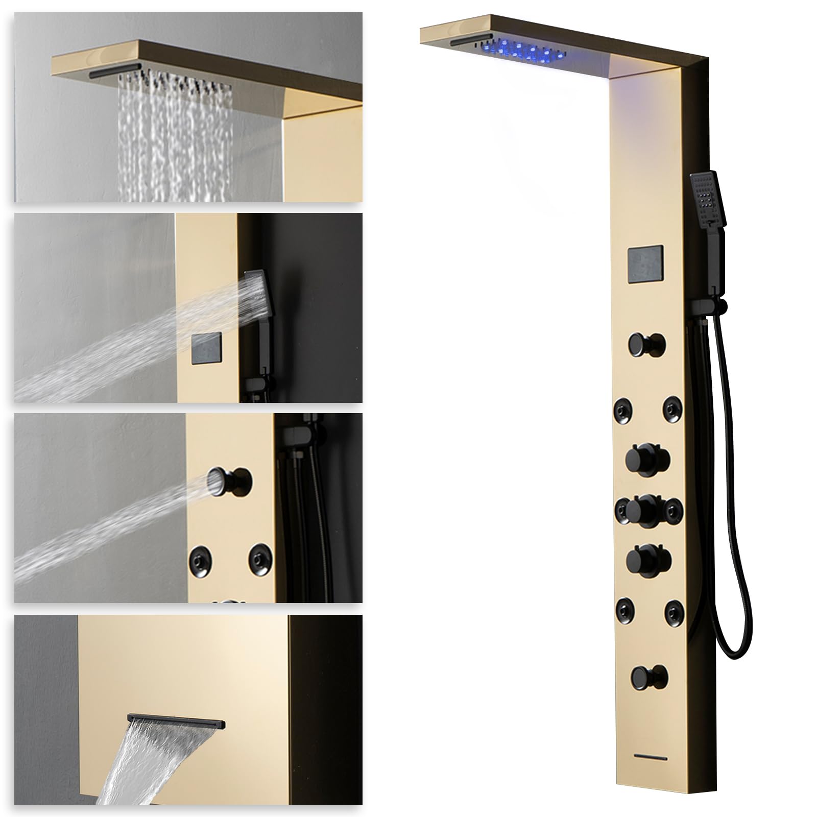 LED Gold Shower Tower 304 Stainless Steel 4 In 1 Shower Panels System with Rainfall Shower ...