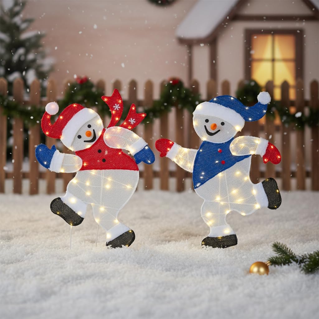 Amazon.com: Set of 2 Lighted Running Snowman Christmas Decorations, 2D ...