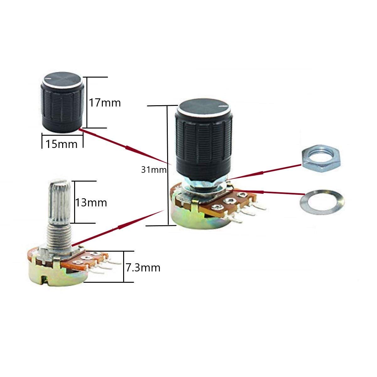 Buy GTIWUNG 20Pcs B5K B10K B20K B50K B100K Ohm Potentiometer Knob ...