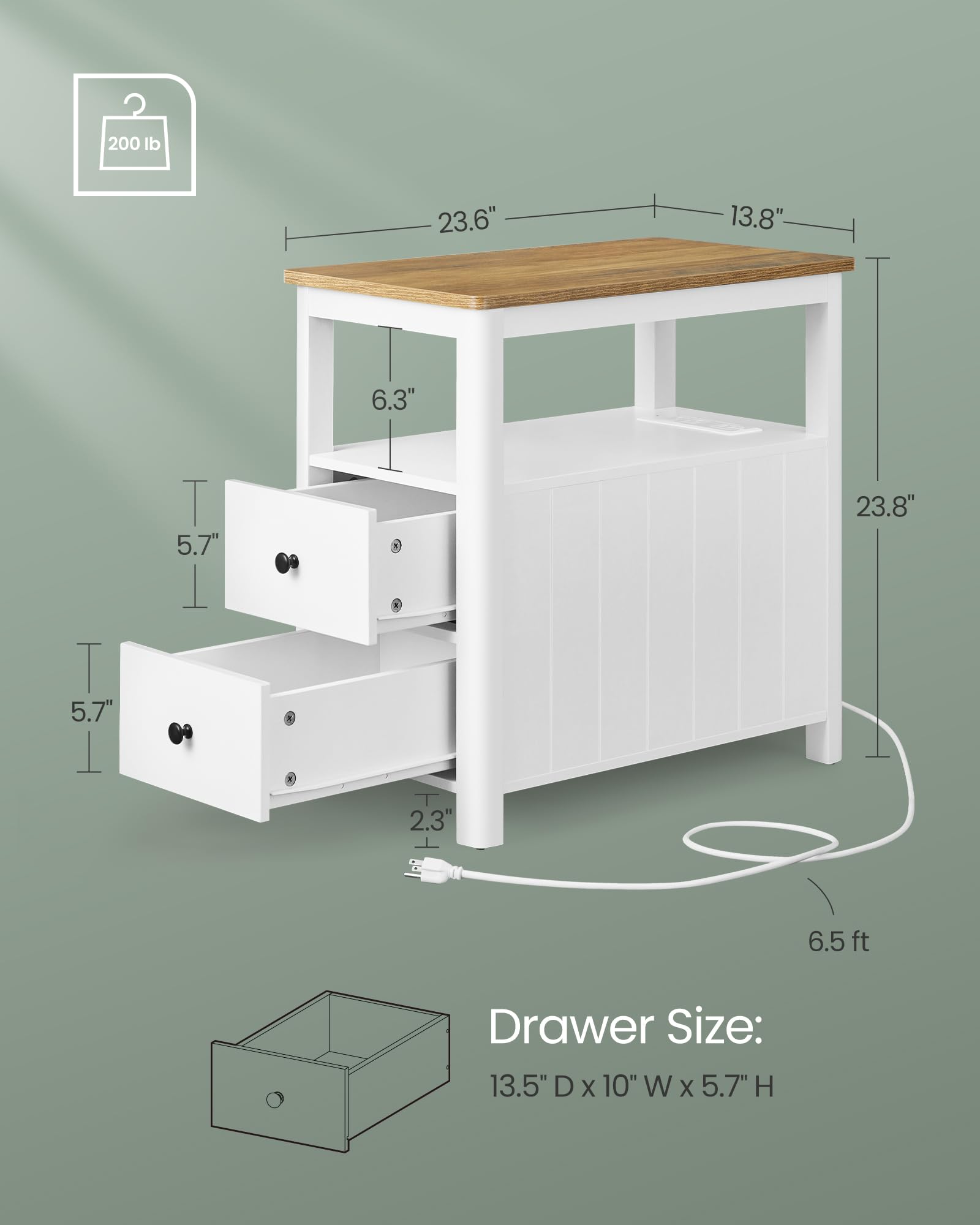 VASAGLE Side Table with Charging Station, Narrow Nightstand with 2 Drawers, End Table with ...
