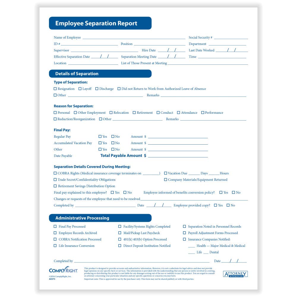 Amazon.com : ComplyRight Employee Separation Report Form – 8.5” x 11 ...