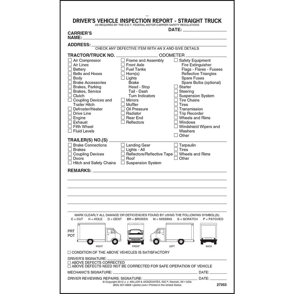 Straight Truck Detailed Driver's Vehicle Inspection Report 25-pk ...