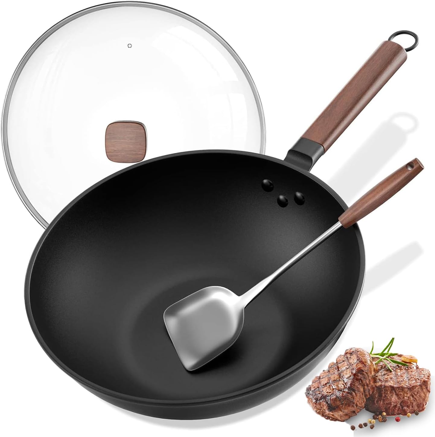 Yhngly Wok Pan, 33cm/5.6L Non Stick Wok with Lid and Spatula Carbon ...