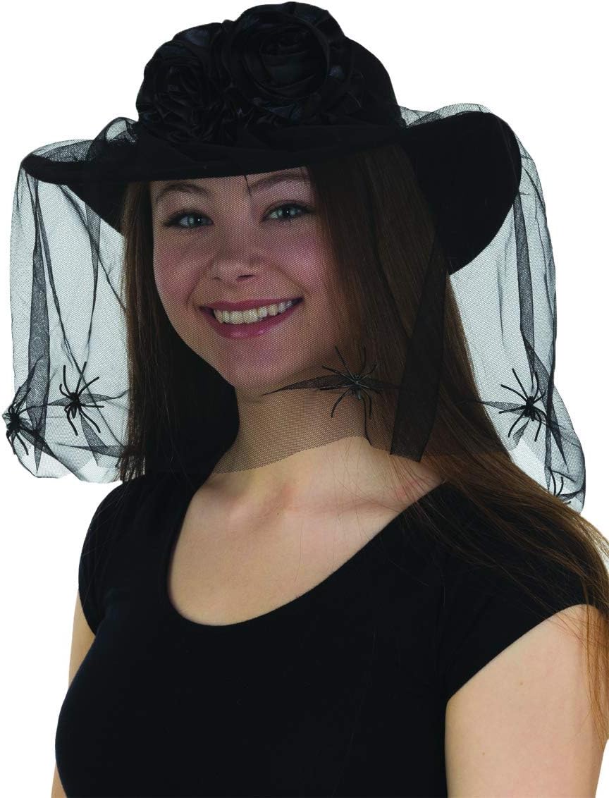 Amazon.com: Black Widow Hat with Veil & Spiders Flowers Women's ...