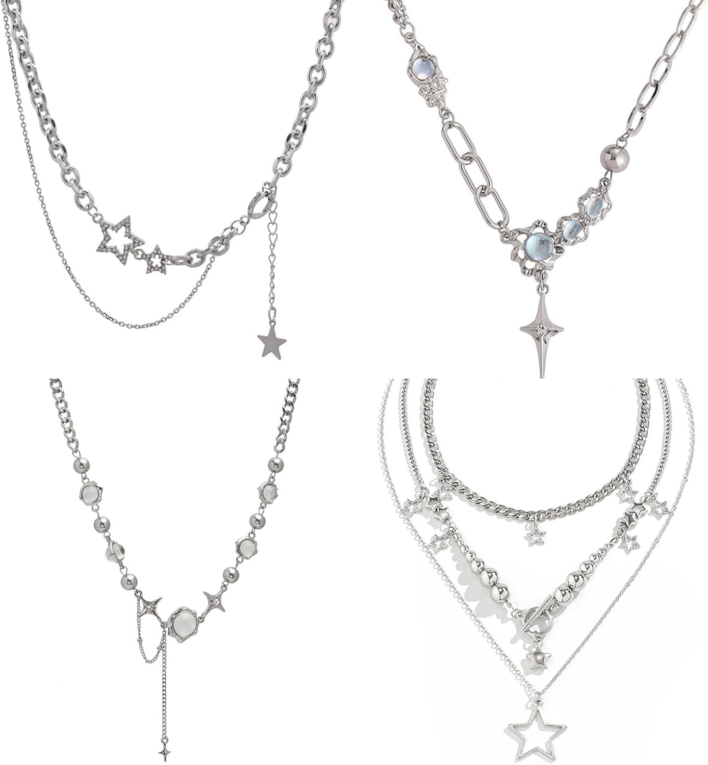 Amazon.com: 4PCS Y2k Double Layered Necklace Set,Silver Vintage Layered Necklaces for Women Y2k ...
