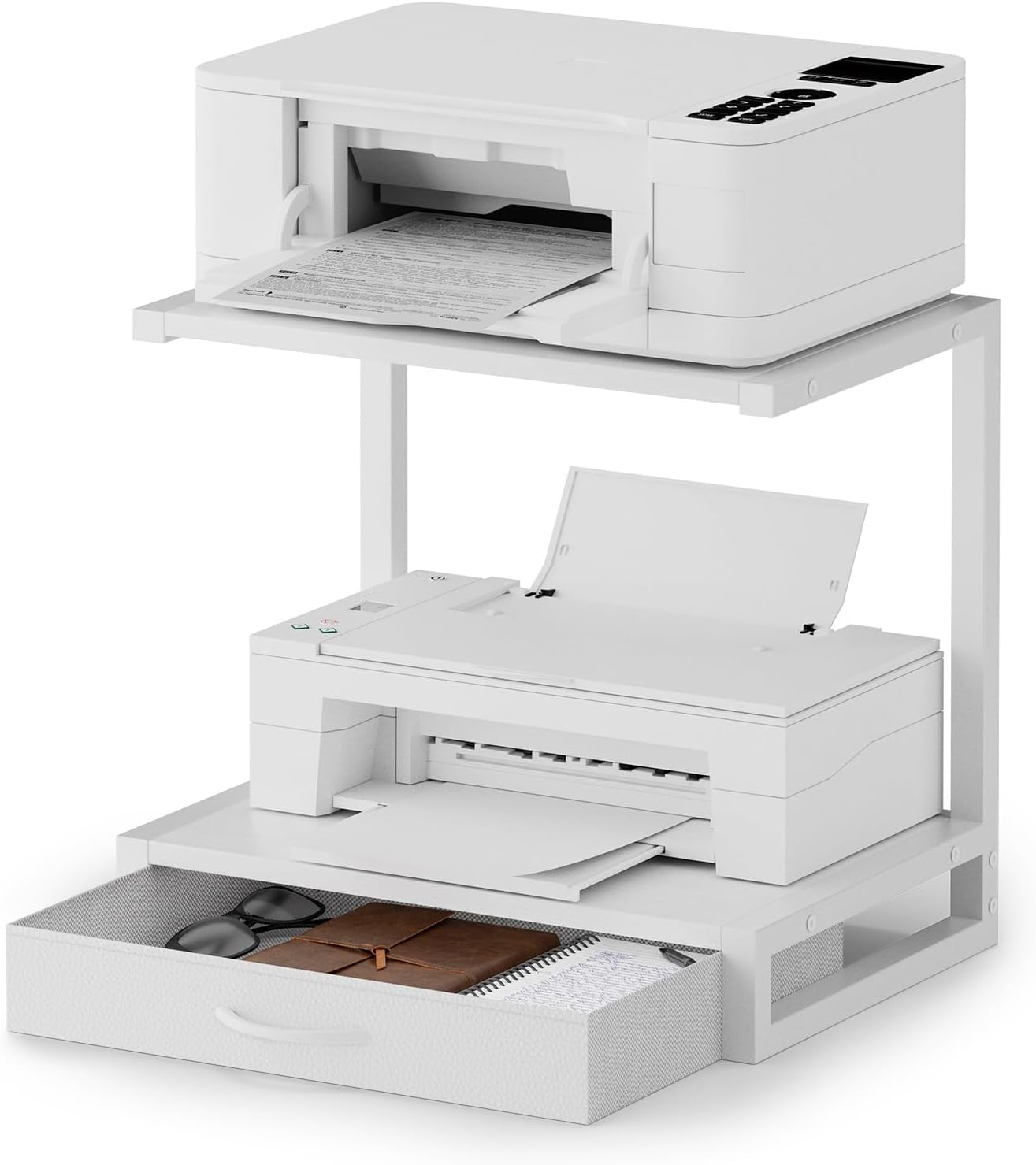 OYRREU 2-Tier Desktop Printer Stand with Fabric Drawer and Open Shelf ...