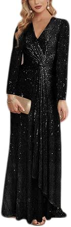 Meilun - Vestido largo de manga larga con lentejuelas para mujer ...