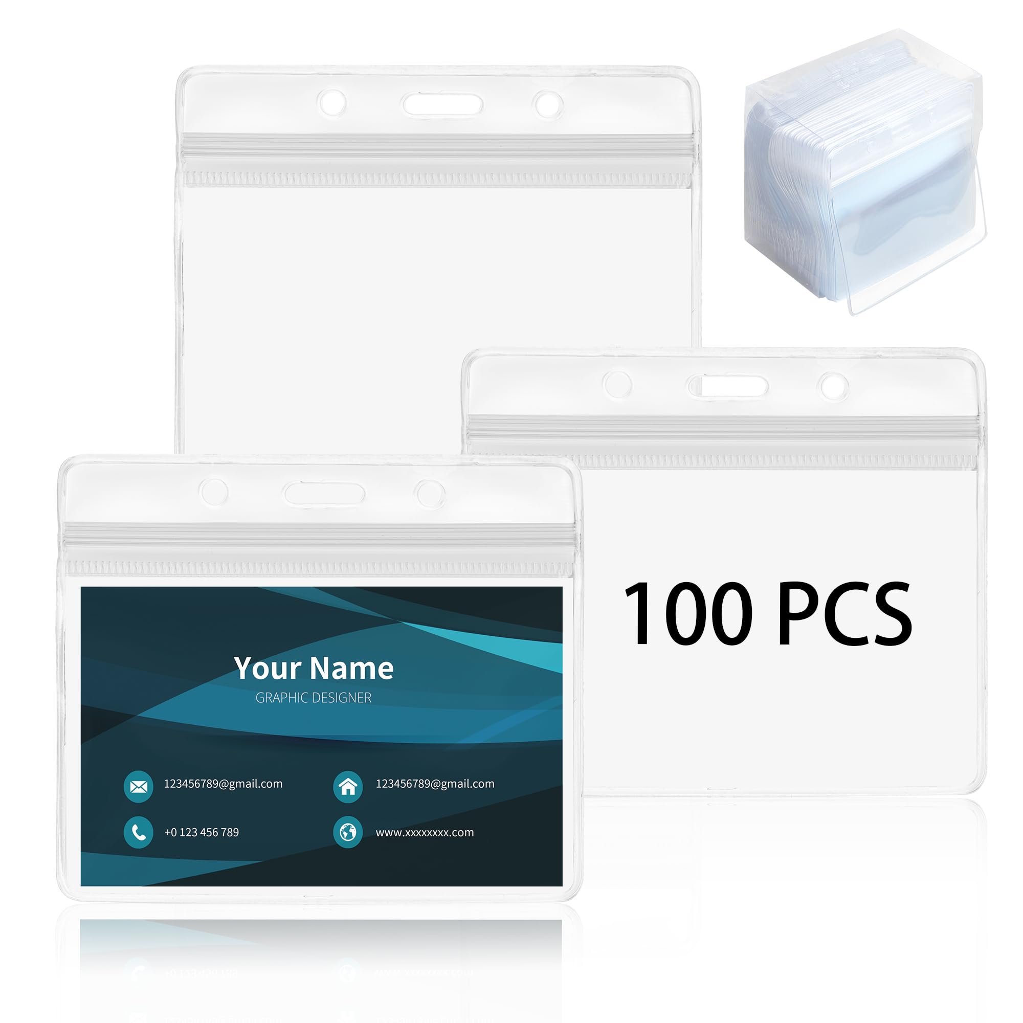 YKUKIZEE 100Pcs Clear ID Card Holders Horizontal, Plastic Name Badge ...