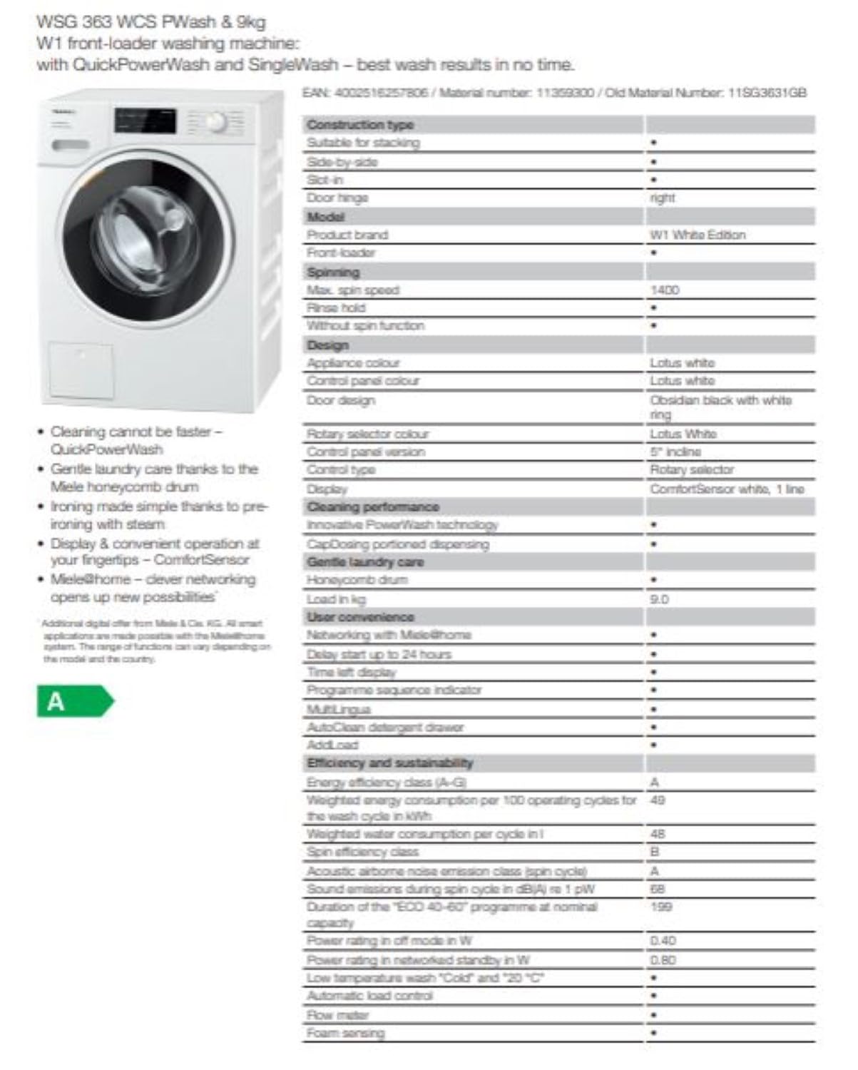 AEG 9000 Series Washing Machine LFR94846WS, AbsoluteCare, PowerCare ...