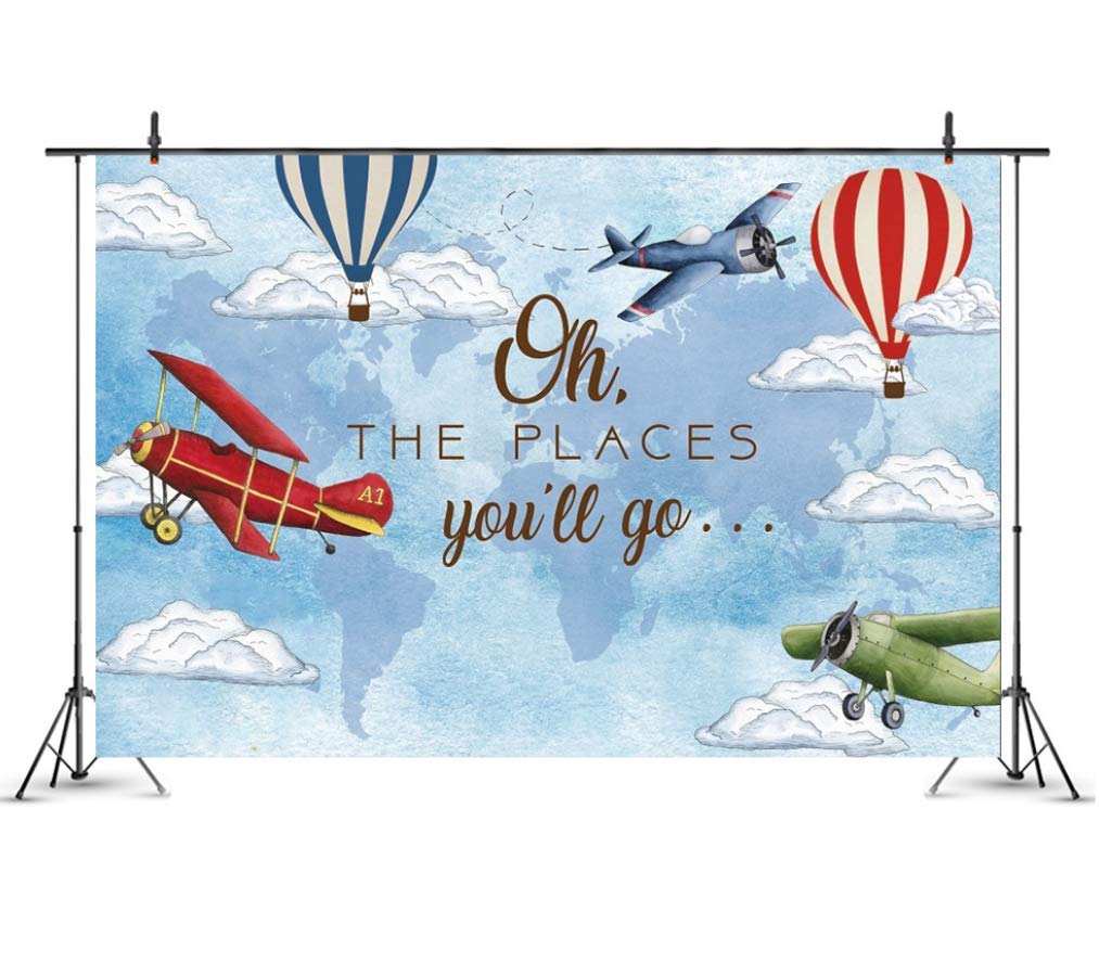 Buy Cartoon Plane Hot Air Balloon Backdrop Photography Photo Background ...