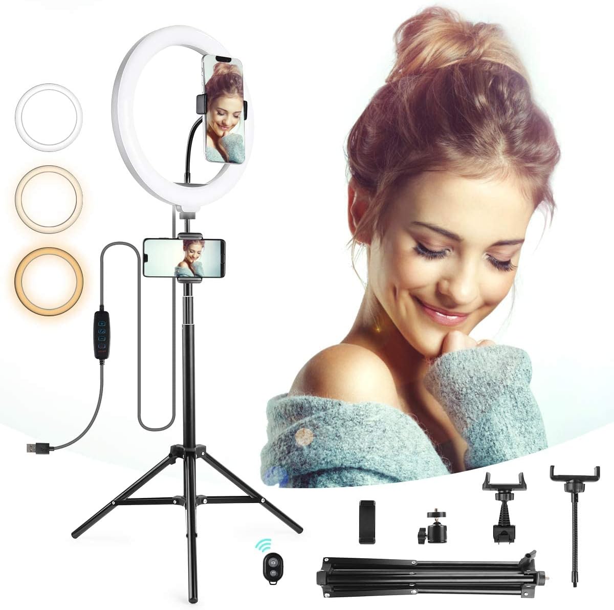 GOAMZ LED Ringlicht mit Stativ, 10 Zoll Selfie Ringleuchte mit Stativ ...