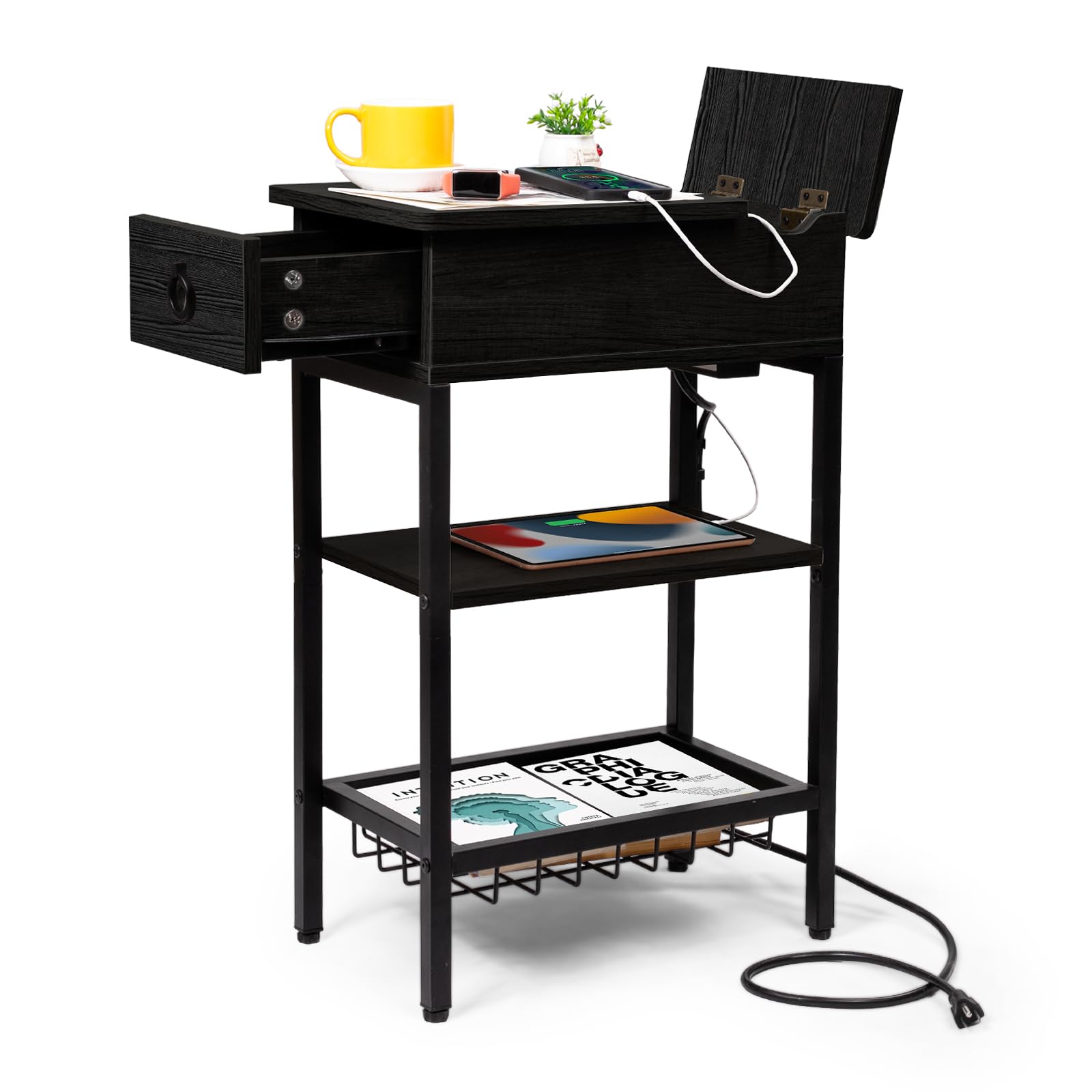 Amazon.com: Cazacomzy Small Black Side Table Charging Station for ...