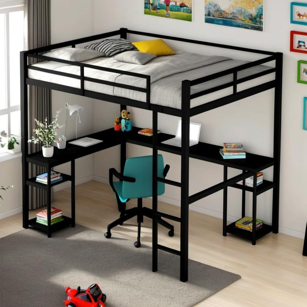 Amazon.com: PVWIIK Full Loft Bed with Desk and Storage Shelves for Kids ...