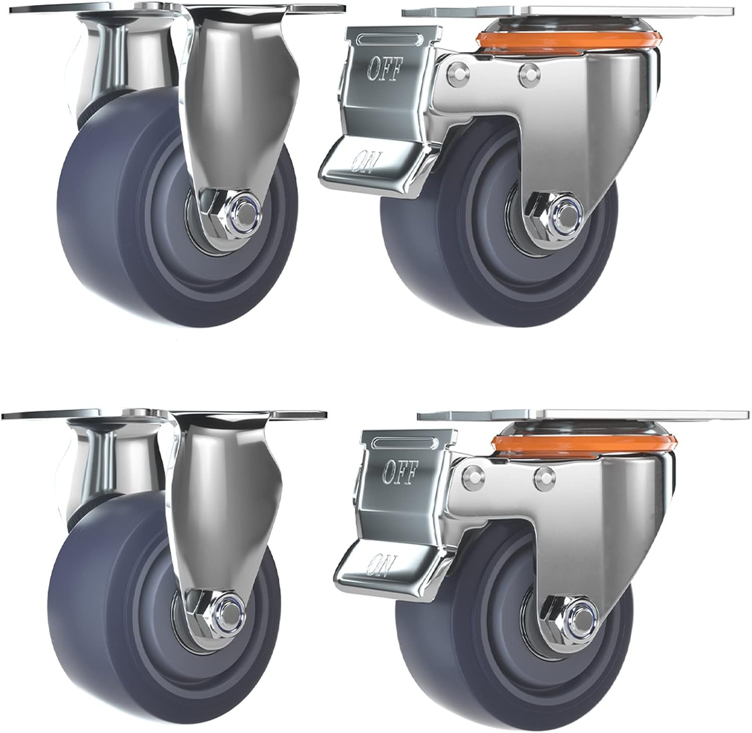 WORDFUN Mute Castors, Steel Plate Rubber Wheel With Brake, Puncture ...