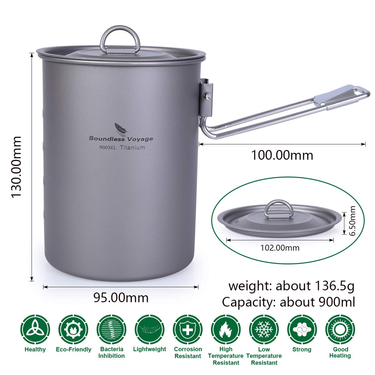 iBasingo 750ml/ 900ml/1100ml Titanium Hanging Pot with Lid Collapsible ...