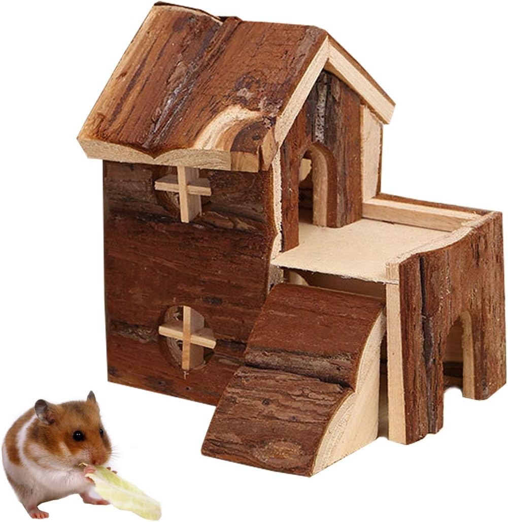 Amazon.com : Hamster Wooden House Double Layers Hideout Hut for Dwarf ...
