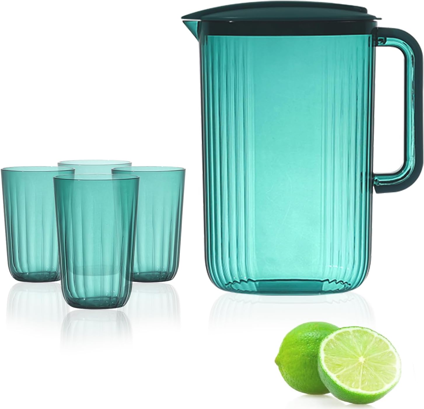 Plastic Pitcher with Cups Set of 4, 2L Water Jug with Lid & Vented ...