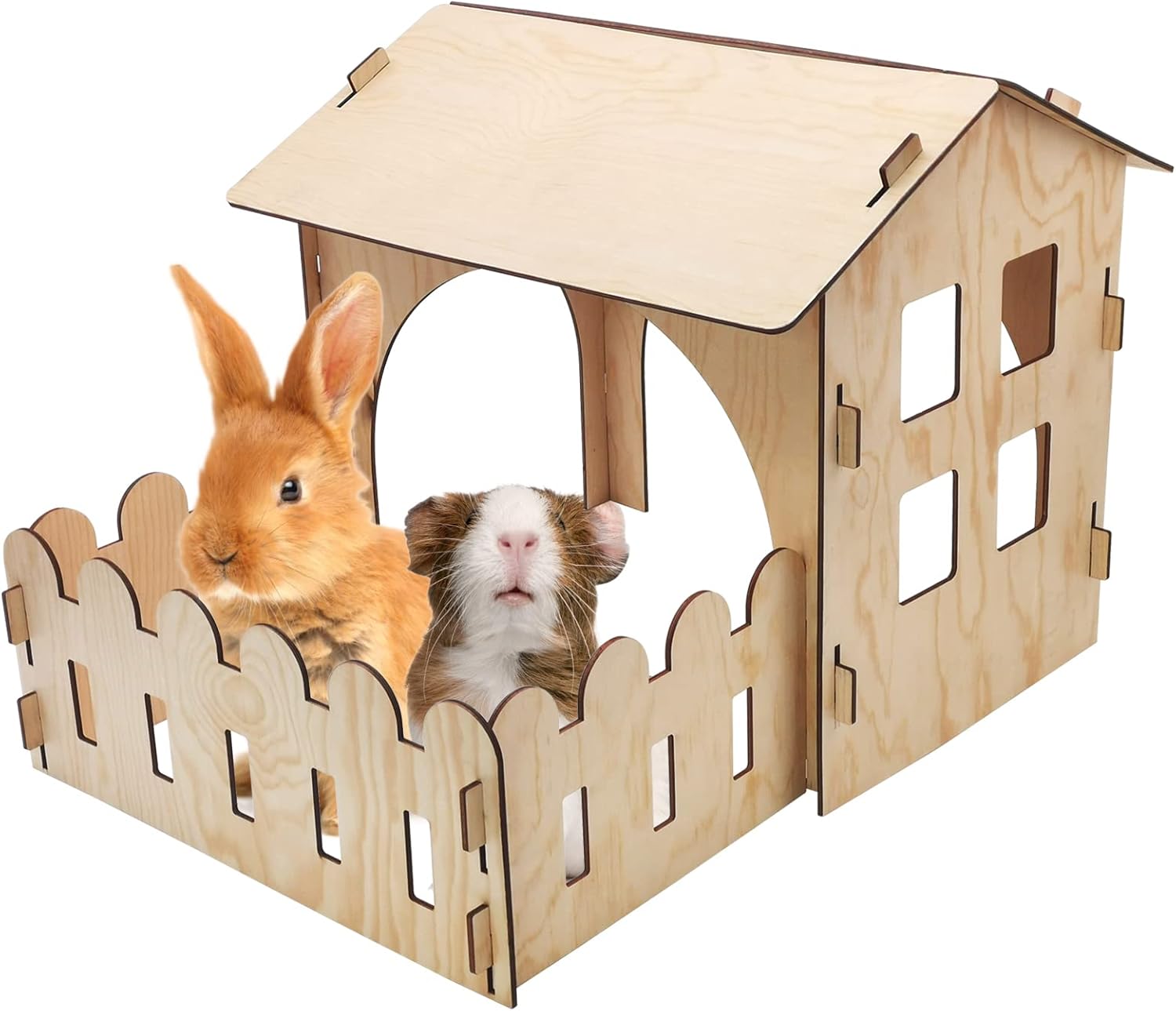 Amazon.com : Fhiny Wooden Rabbit Castle Hideout with Fence, Small ...