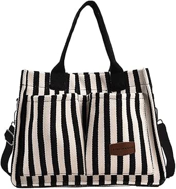Amazon.com: AZURAOKEY Women Striped Multi Pockets Tote Bag Large Capacity Aesthetic Canvas Bags ...