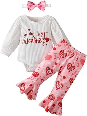 Amazon.com: My First Valentines Newborn Baby Girl Outfits Letter Romper Love Heart Print Bell ...