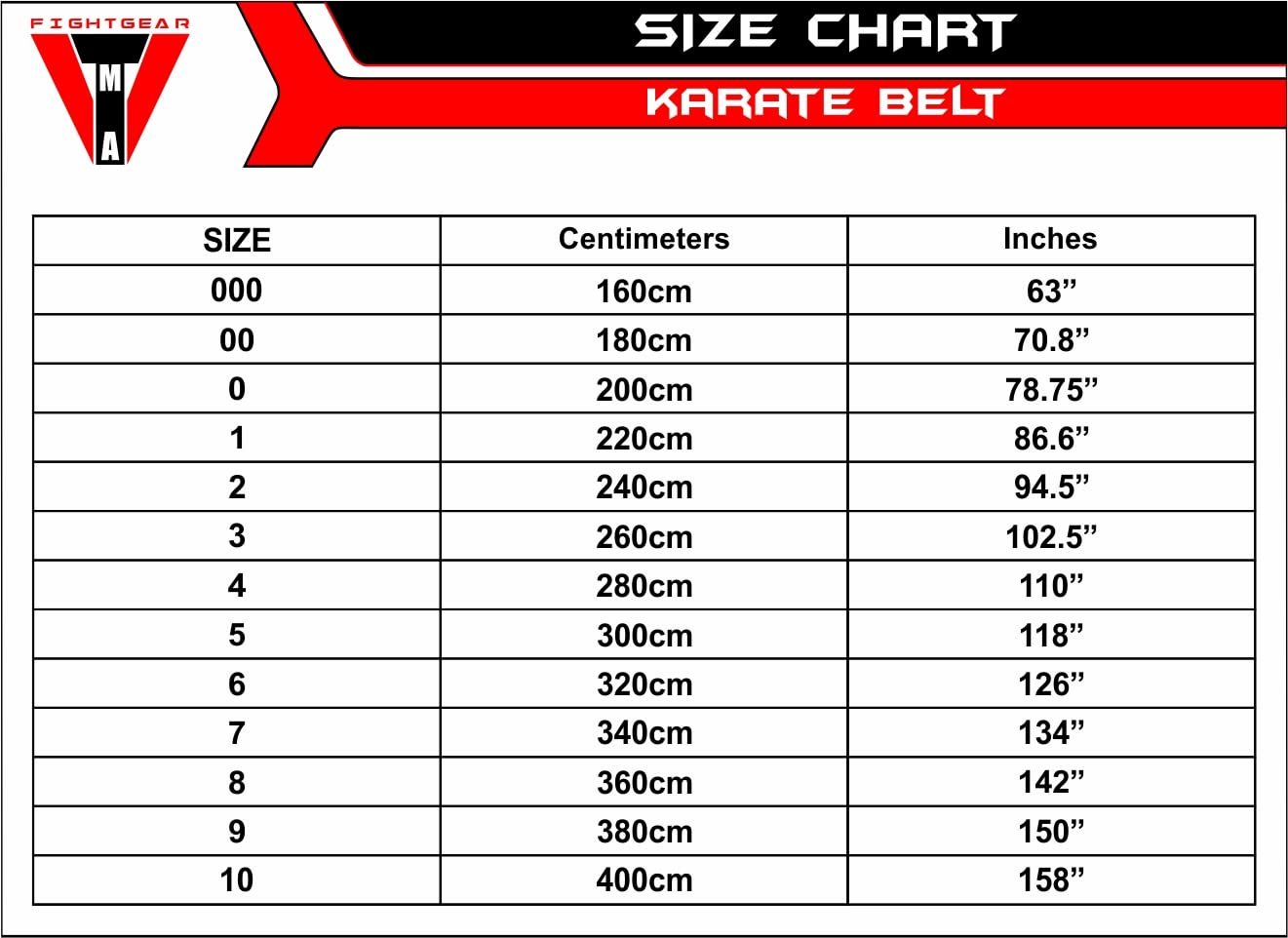 Martial Arts Belt Size Chart