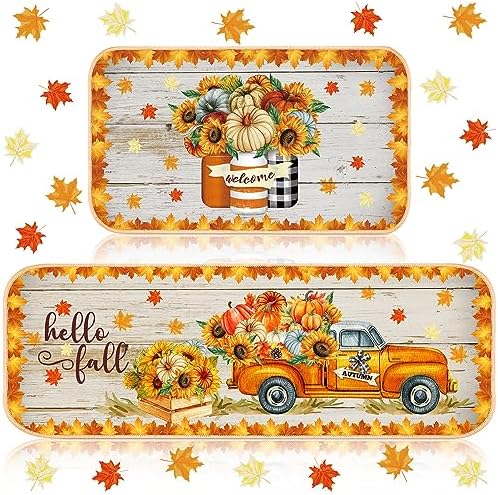 Amazon.com: 2 Pieces Hello Pumpkin Kitchen Mat Autumn Kitchen Rugs Thanksgiving Decorative Door ...