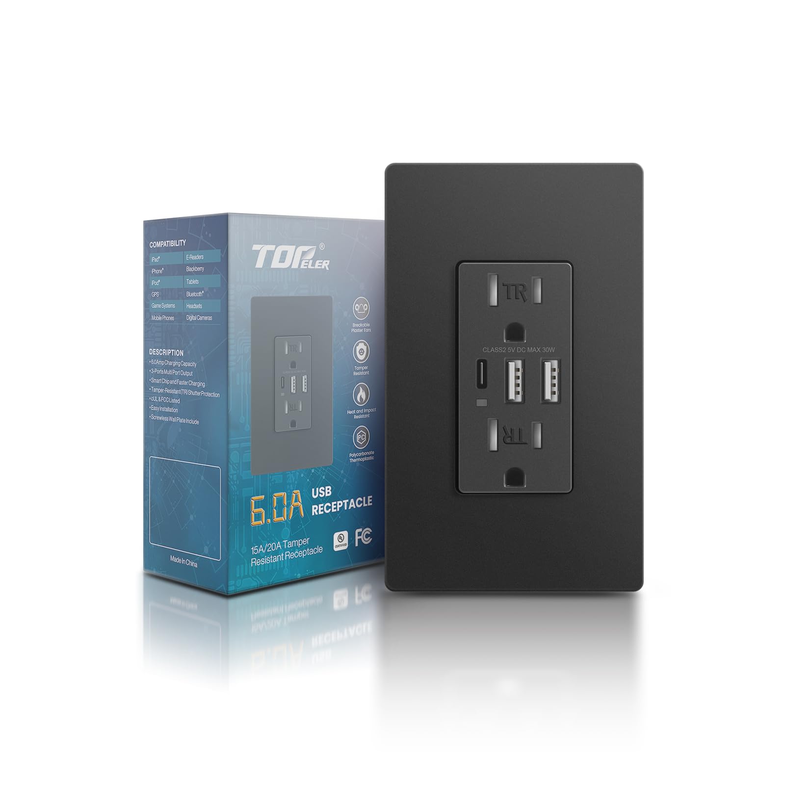 Snapklik.com : TOPELER Black USB C Outlet, 30W 3-Port Type C USB Wall ...