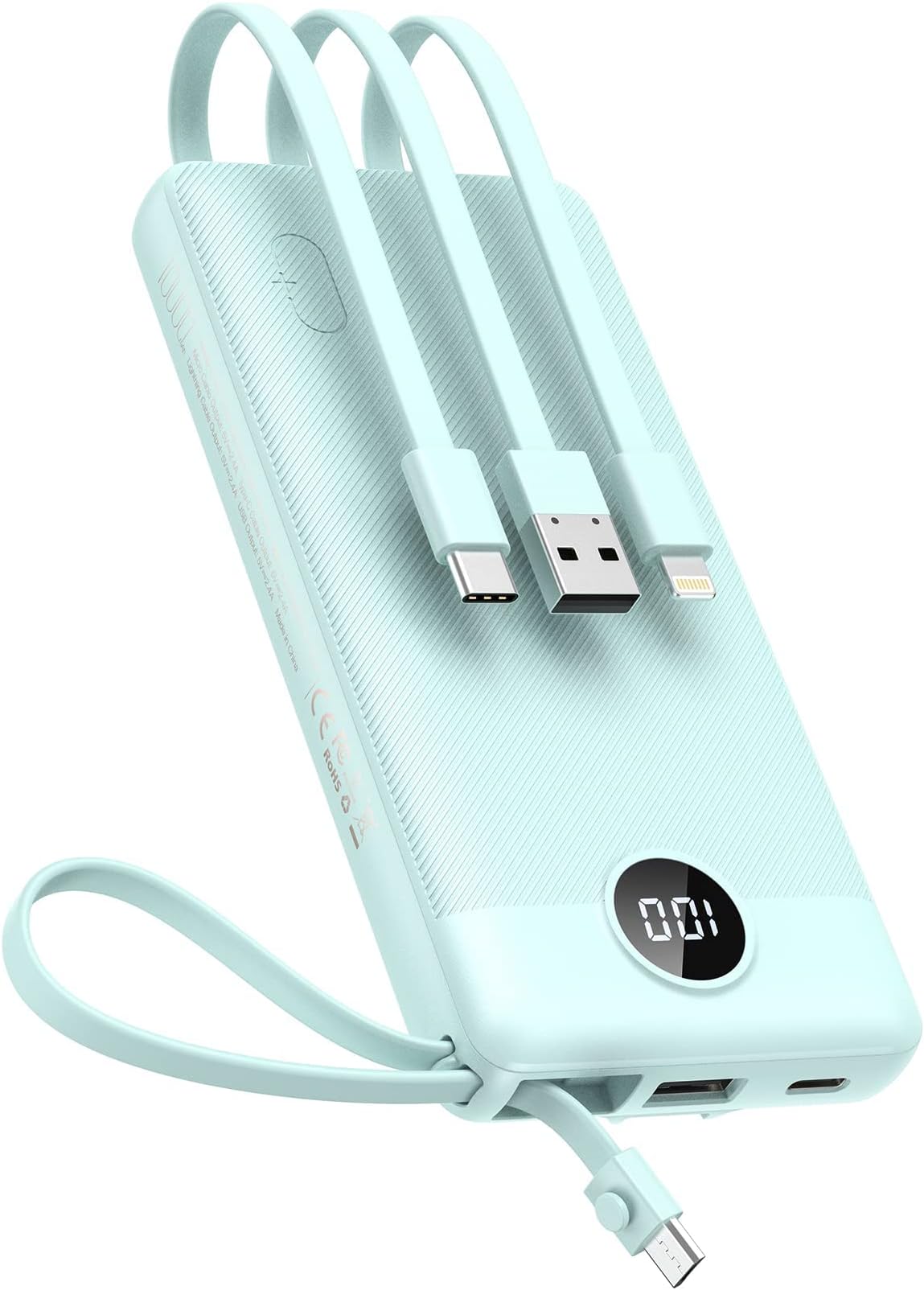 Power Bank with Built in Cables, 10000mAh Slim Portable Charger LED ...