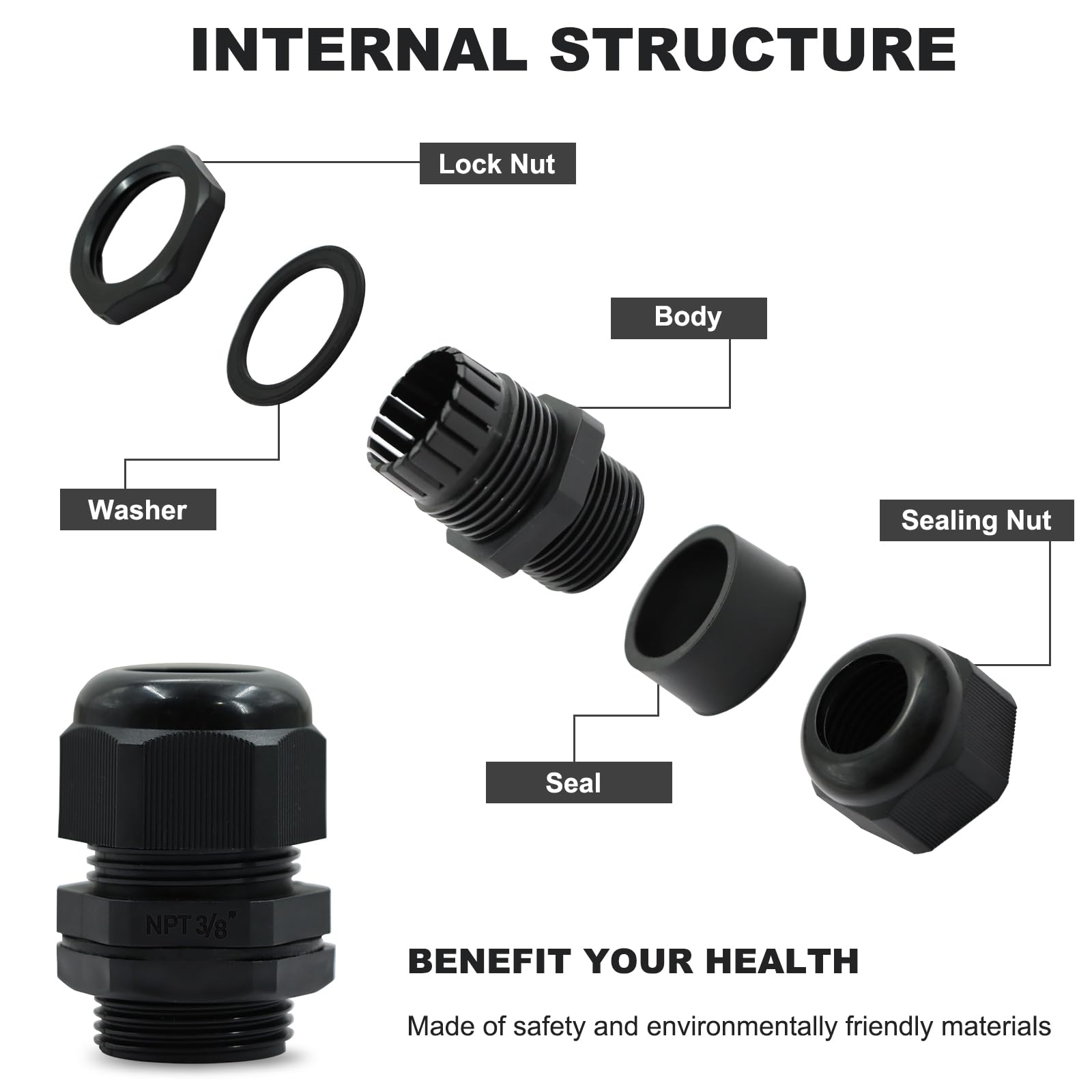 Snapklik.com : 12 Pcs 3/8 Black NPT Cable Glands IP68 Waterproof ...