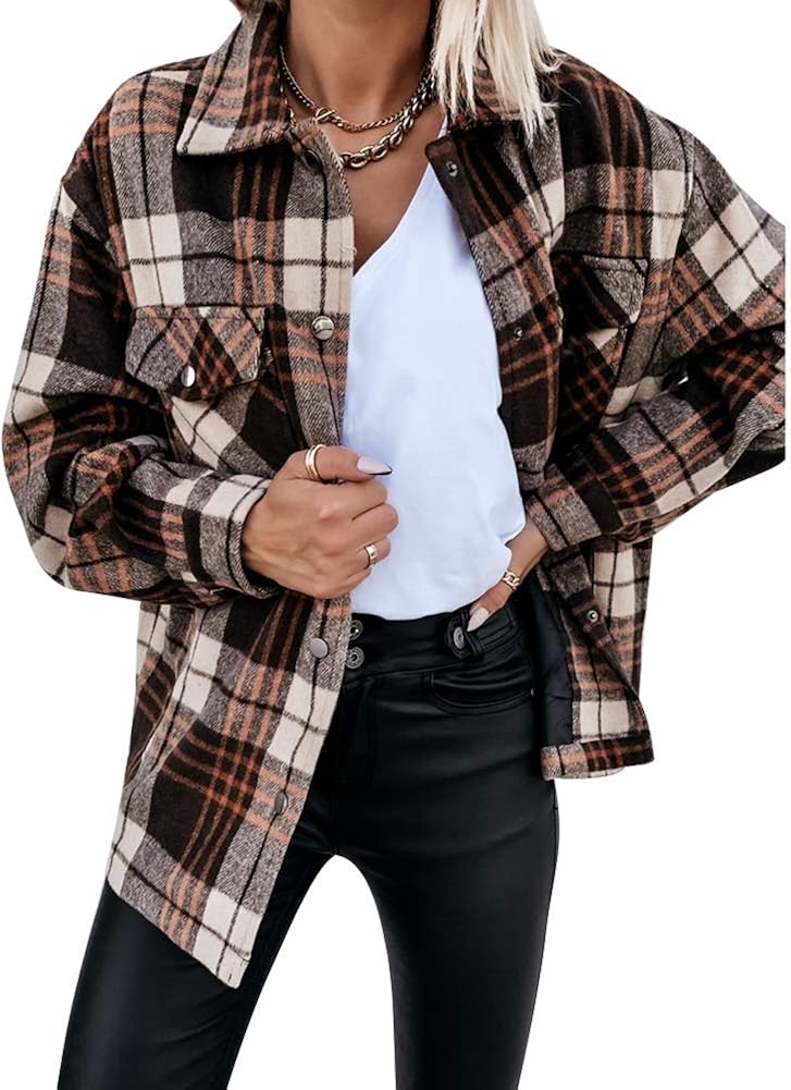 ISAKEN Damen Karierte Hemdjacke mit Knöpfen Holzfällerjacke Mantel ...