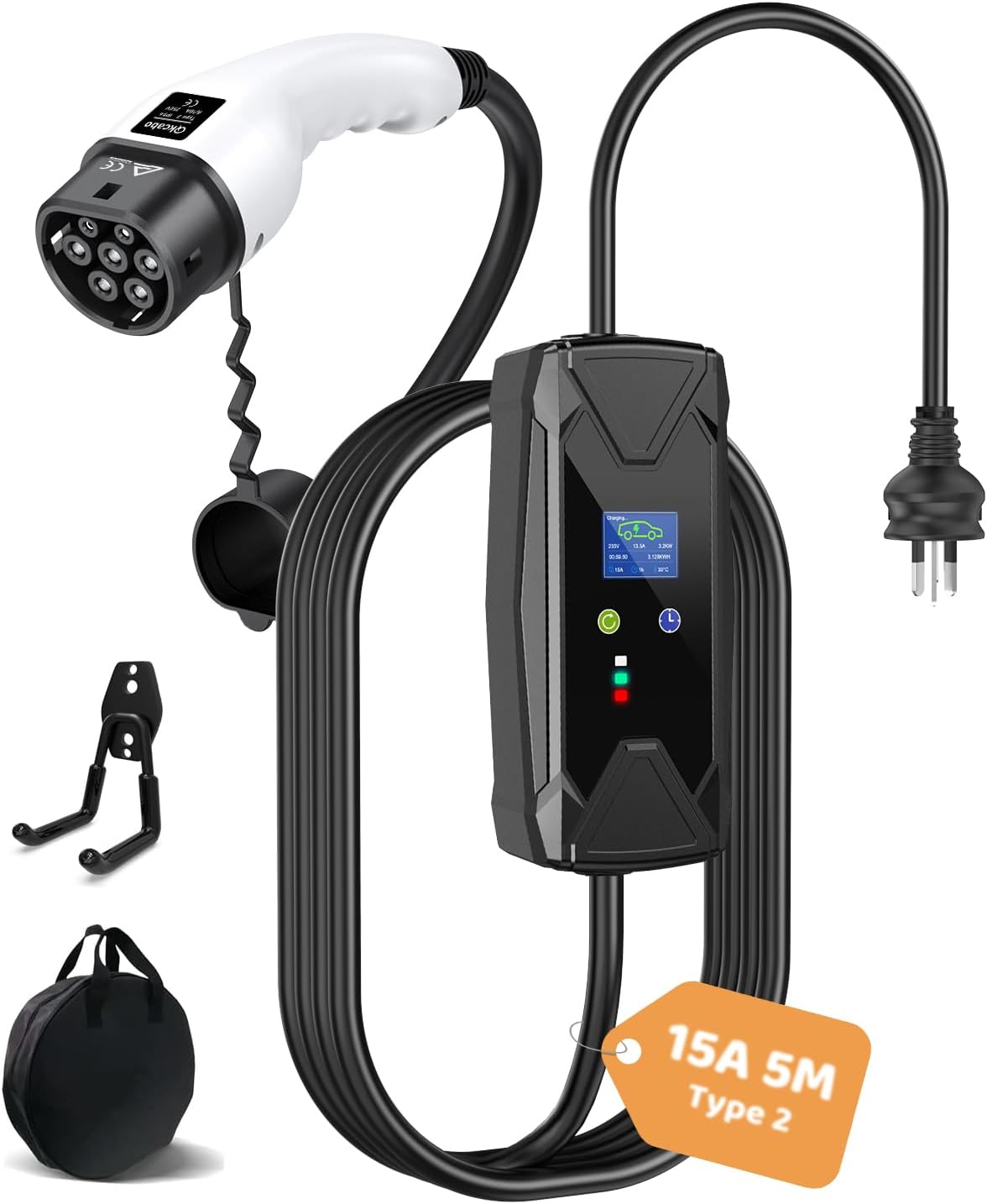 Qkcabo Type 2 (Mennekes) EV Charger with 15A Plug, 100-250V Adjustable ...