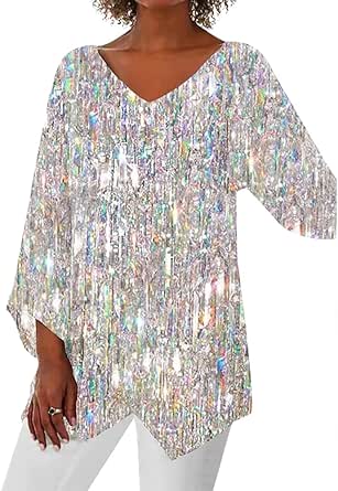 DMOYALA White Sequin Tops Plus Size Women Plus Size Glitter Top V Neck ...