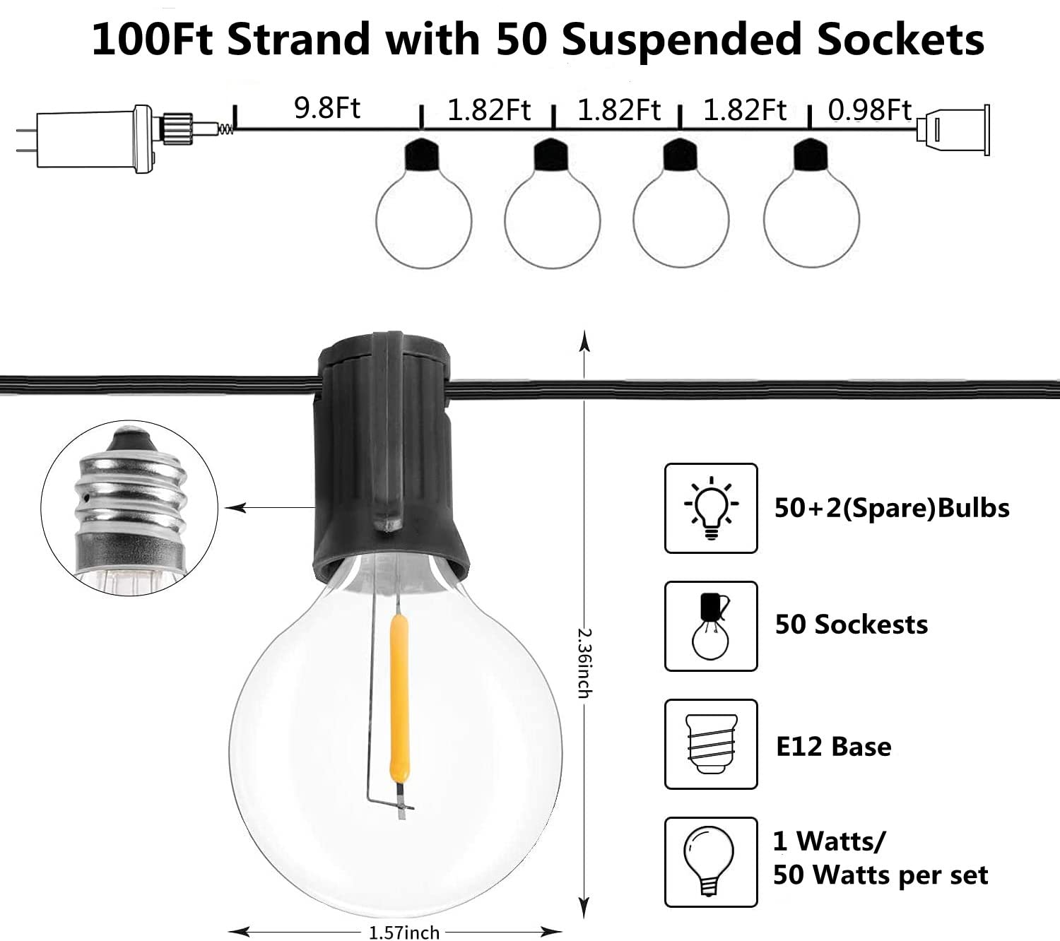 Yuusei 100Ft LED Outdoor String Lights Remote Control, Dimmable Patio ...
