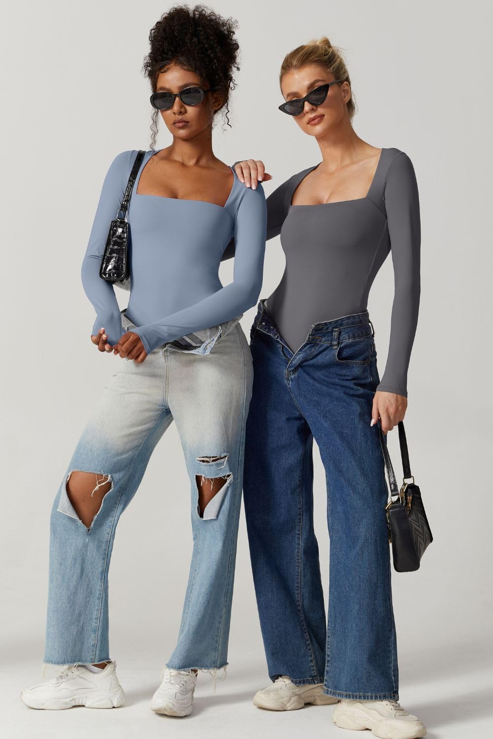 Snapklik.com : Womens Sexy Bodysuit Square Neck Long Sleeve Bodycon ...