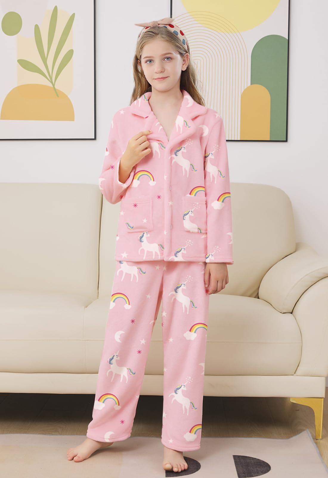 Snapklik.com : Girls Fleece Button Down Pajamas, 2-Piece Warm Winter ...