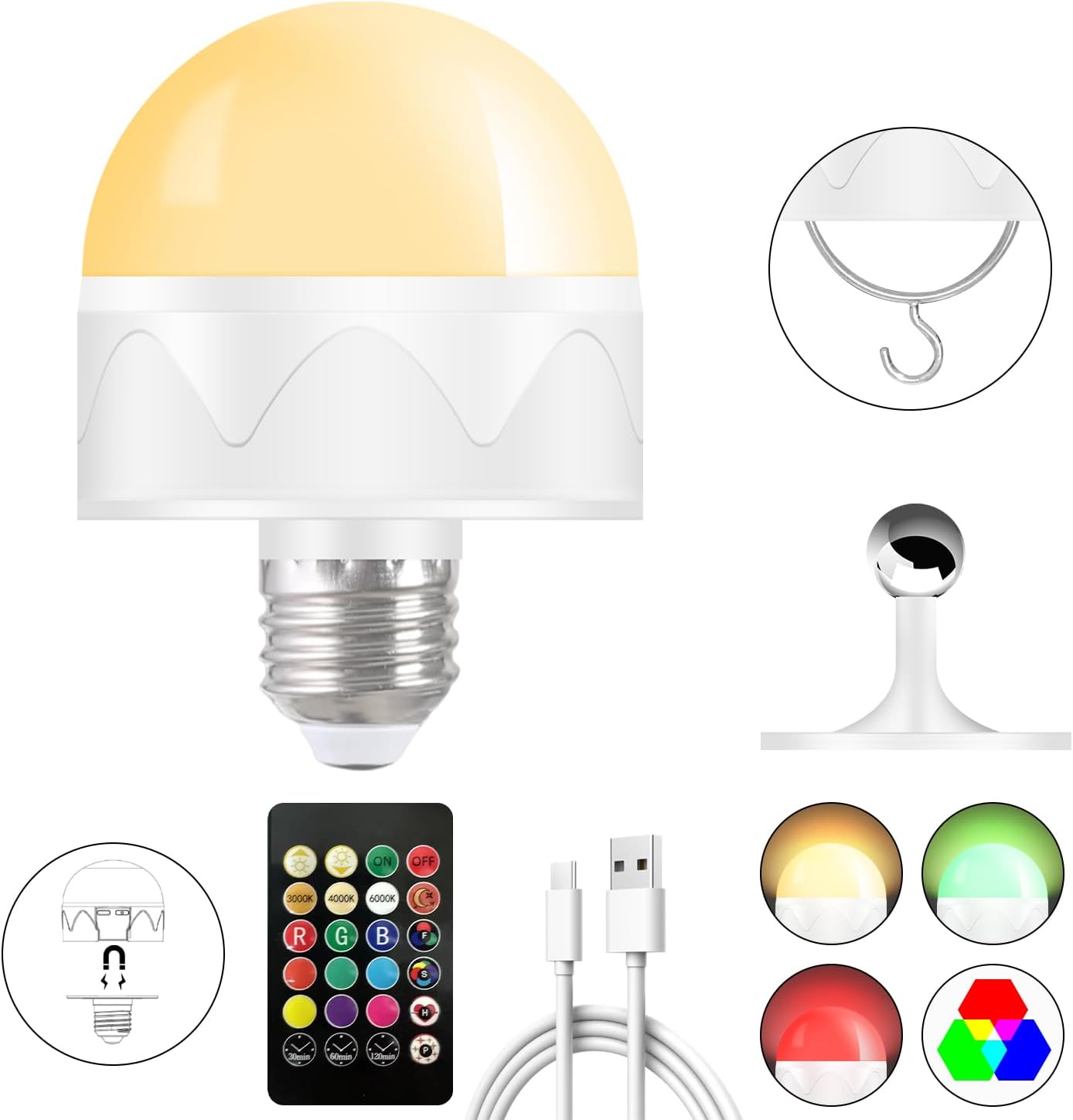 USB Rechargeable Light Bulb With Remote Control, Smart RGB Color ...