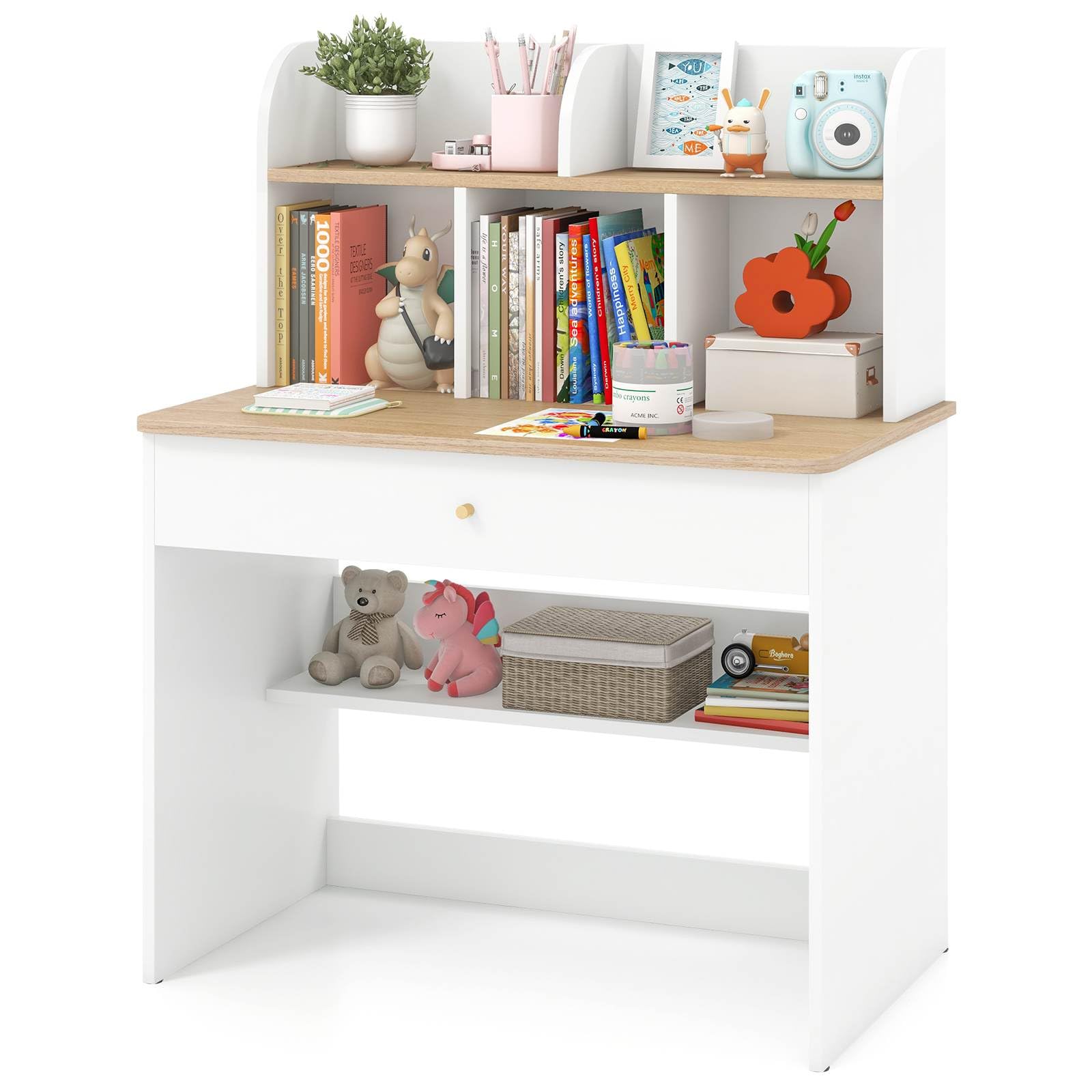 Costway Kids Study Desk with Storage, Wooden Children Writing Table ...