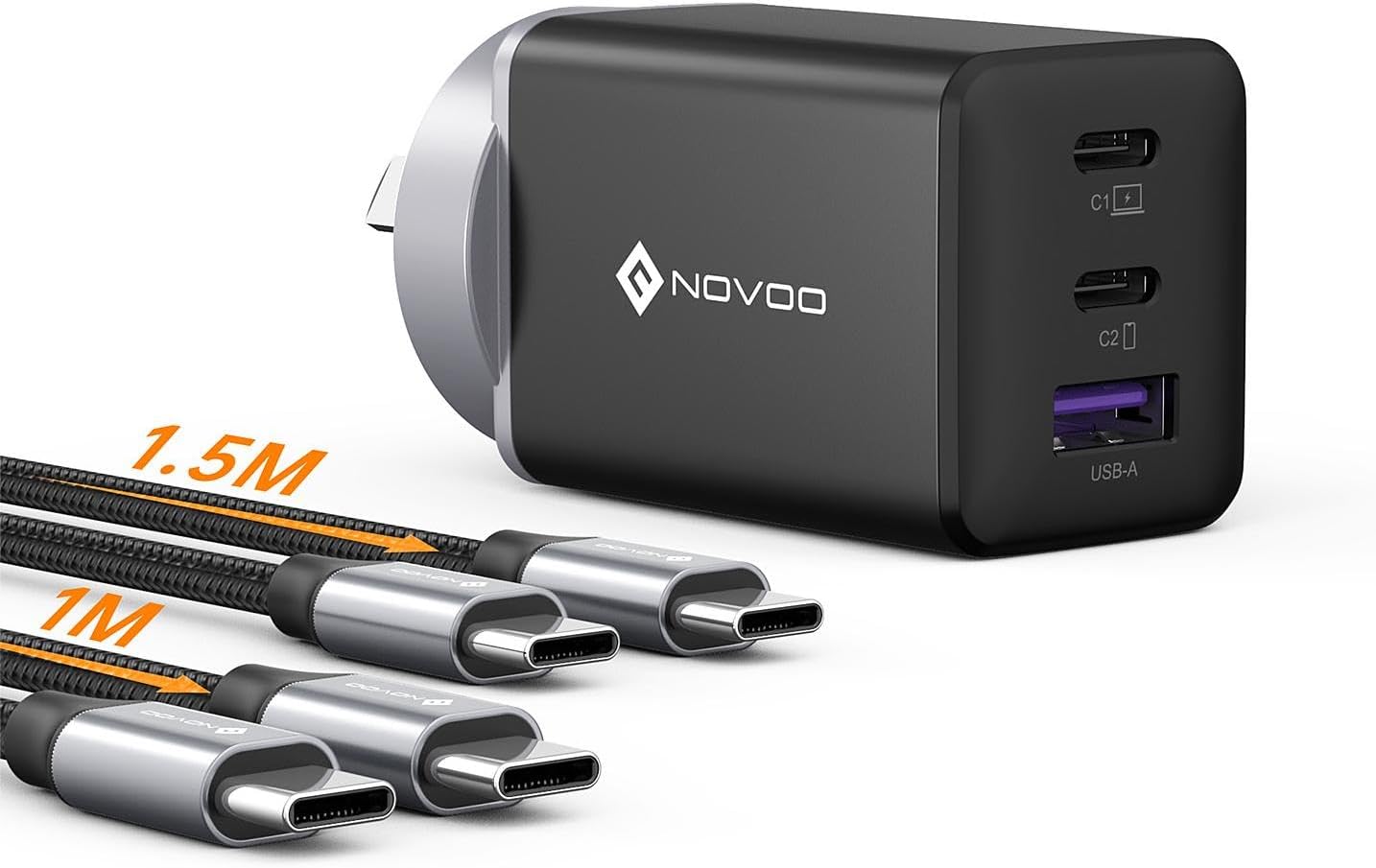 NOVOO 67W USB C Charger with 2 PD 100W Type-C Cables, GaN III 3-Port ...