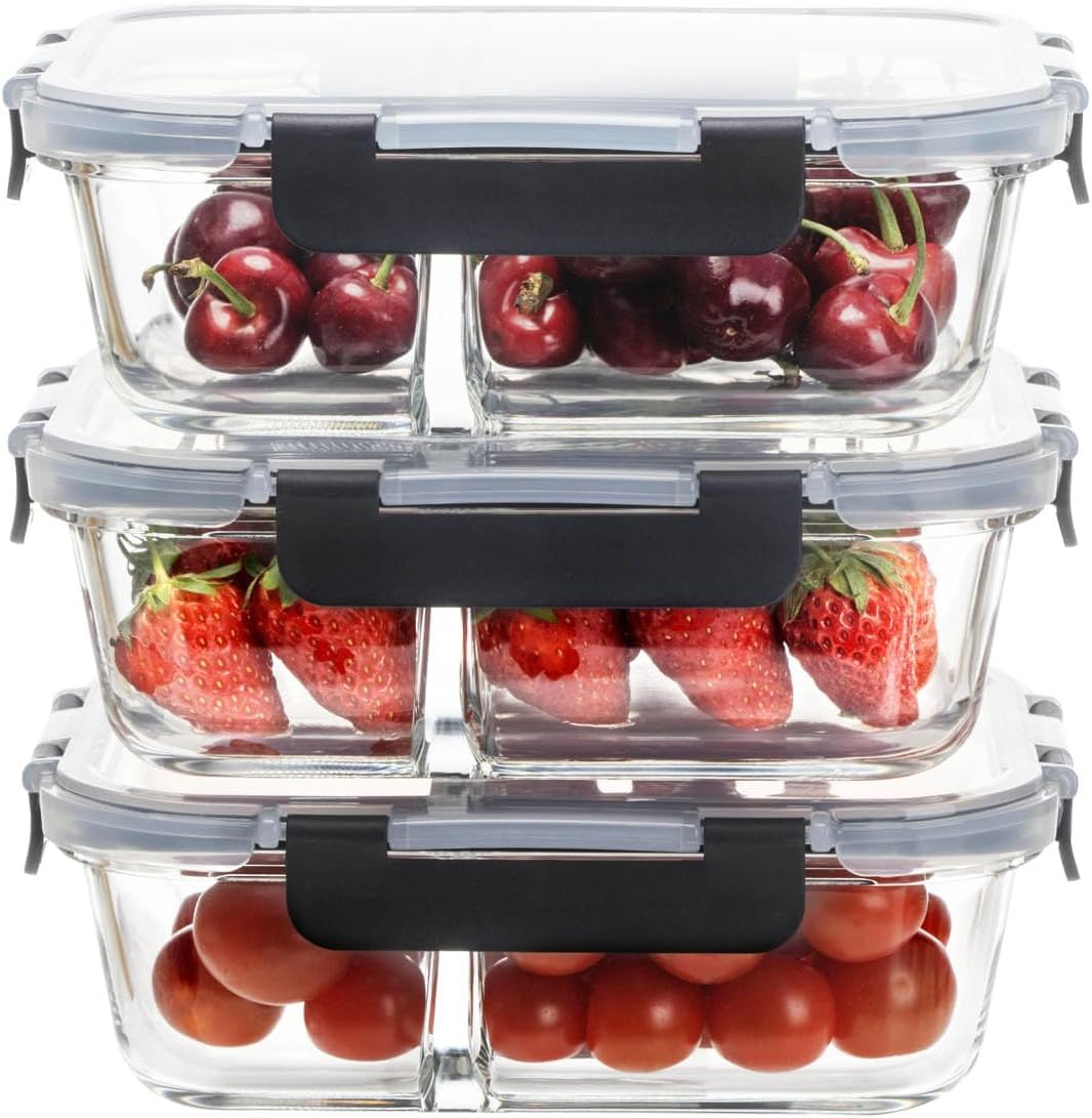 HOUSZY Glass Food Storage Containers with 2 Compartments, Glass Lunch ...