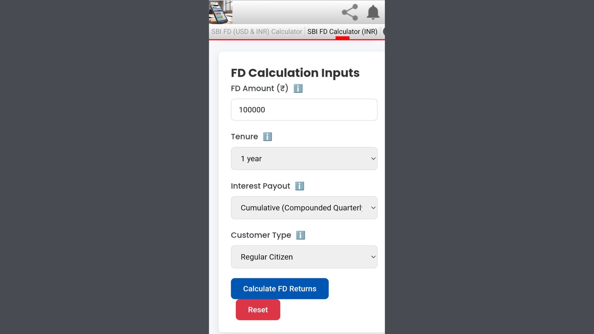 SBI FD Calculator | USD & INR Fixed Deposit Interest & Maturity ...