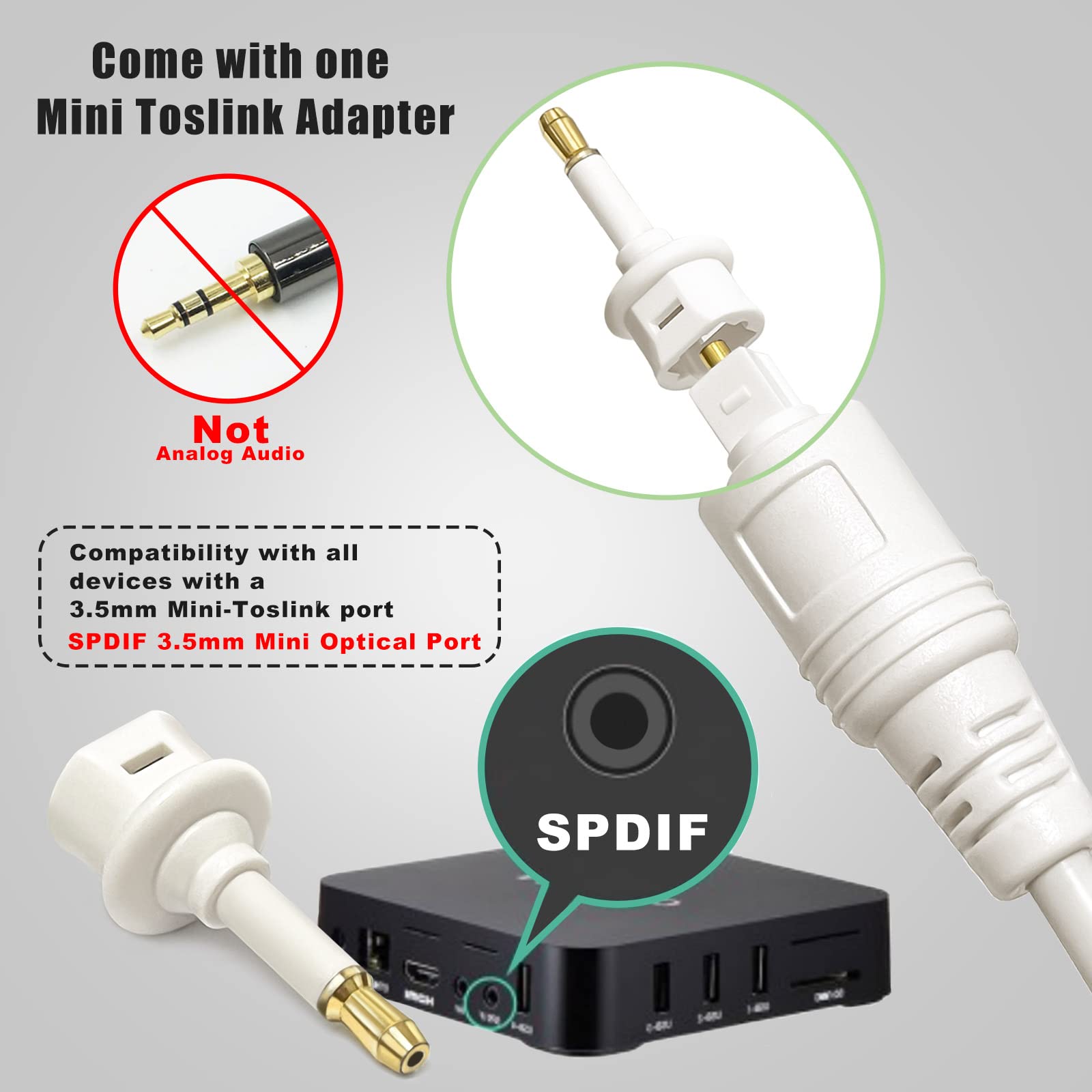 Snapklik.com : 50ft White Optical Audio Cable, Slim Toslink Digital ...