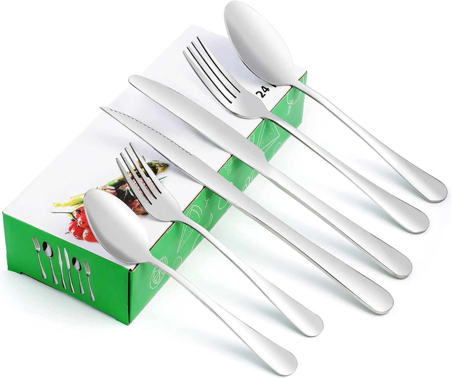 24 Piece Silverware Set Kitchen Utensils Set Mirror Polished Silverware ...