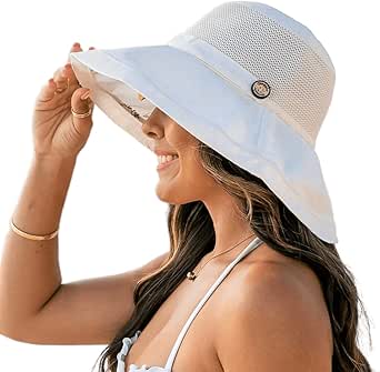 Women-Mesh-Sun-Hats Summer Beach UV Protection Wide Brim Packable Bucket Cap UPF50+ Beige at ...