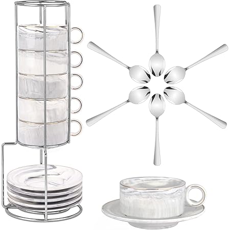 Amazon.com | Lareina Porcelain Stackable Espresso Cups with Saucers ...