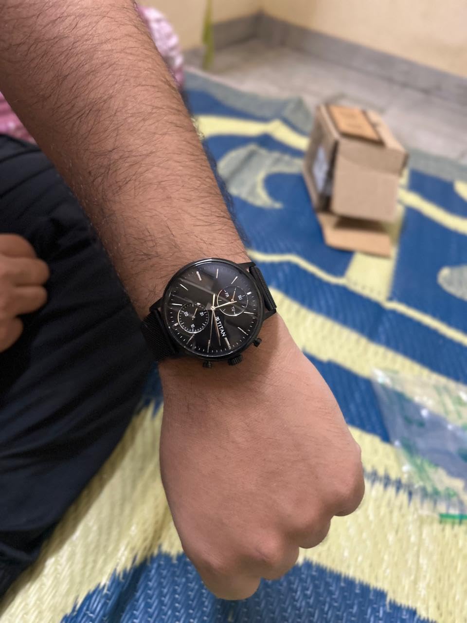 Titan Light Leathers Quartz Multifunction Black Dial Black Stainless ...