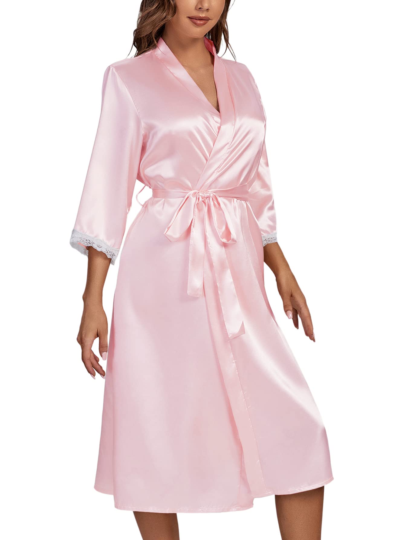 LYANER Women's Silk Satin Pajama Set 2Pcs Lace Trim Pj Robe with ...
