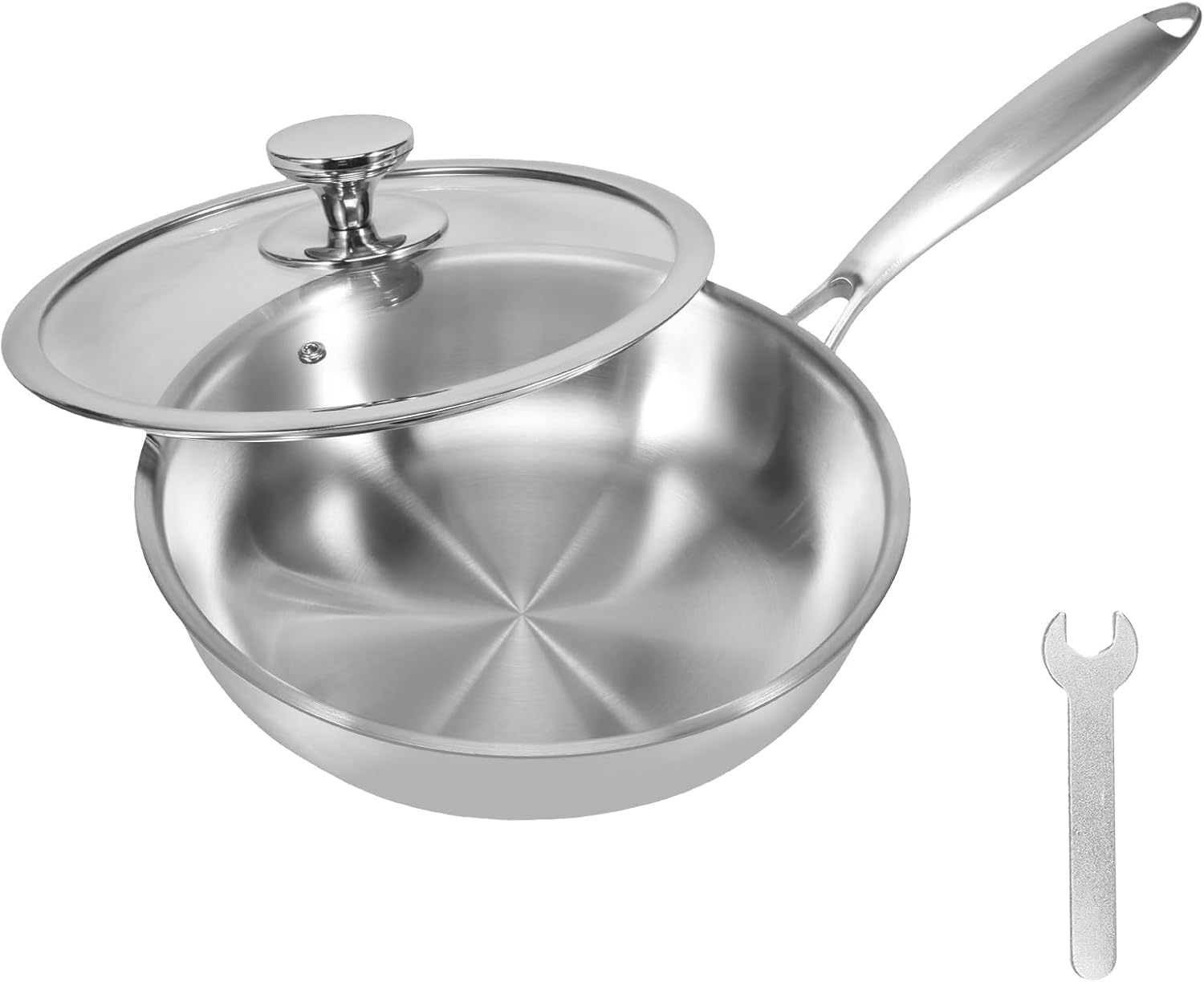 Amazon.com: 10.2 Inch Wok Pan with Clear Glass Lid 304 Stainless Steel ...