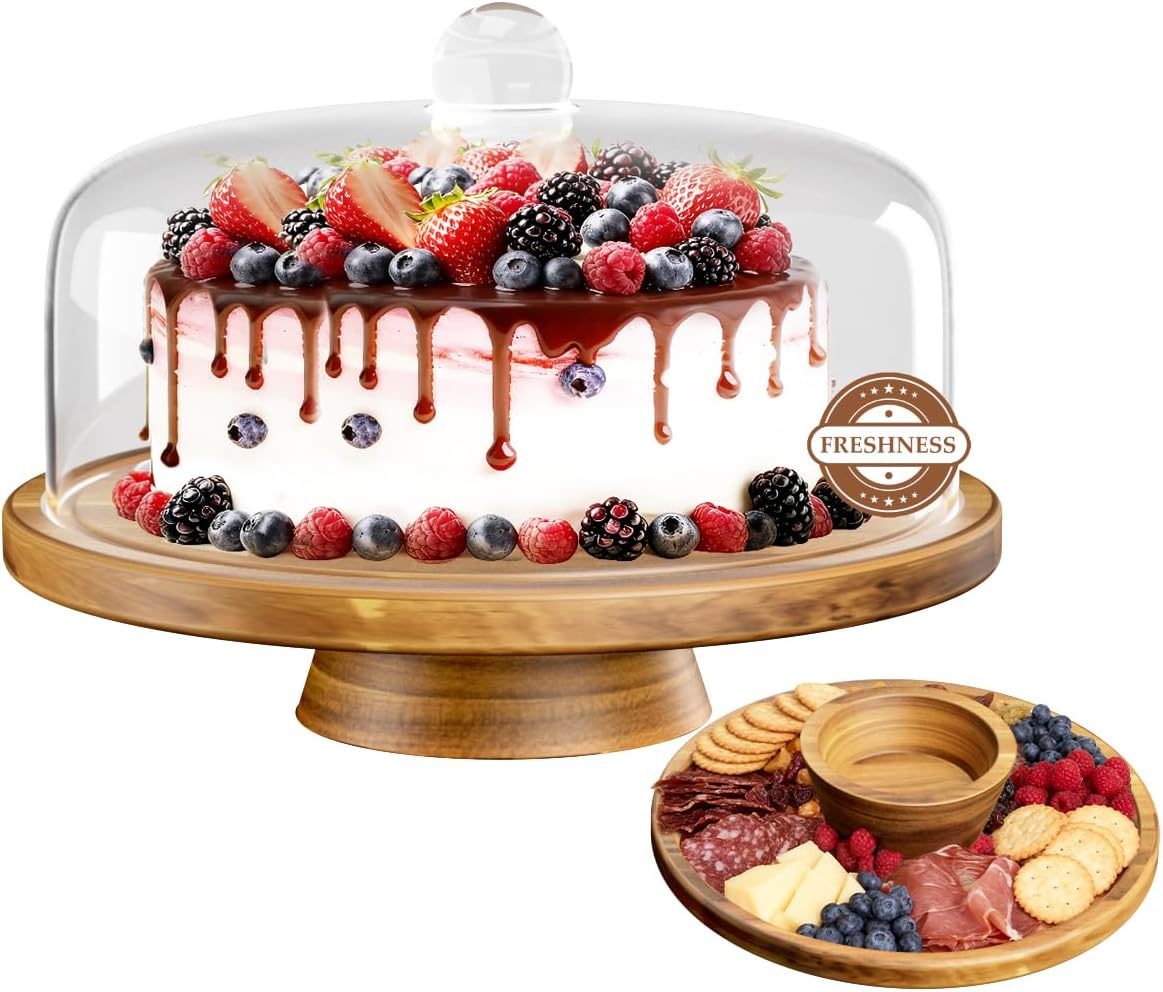 Amazon.com | Dofira Glass Cake Stand with Dome – 12" Acacia Wood Cake ...