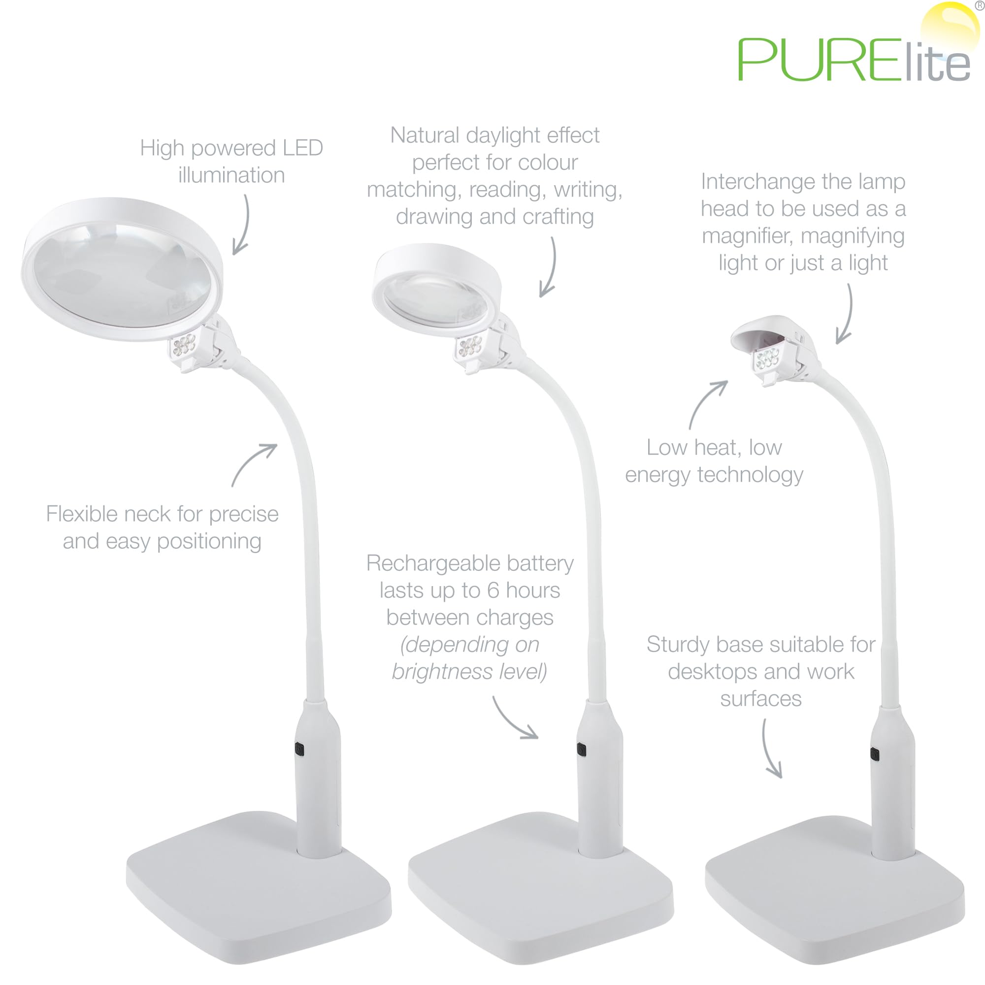 PURElite Multi-Use Magnifying Lamp Table Lamp & Desk Lamp, 2 Magnifiers ...