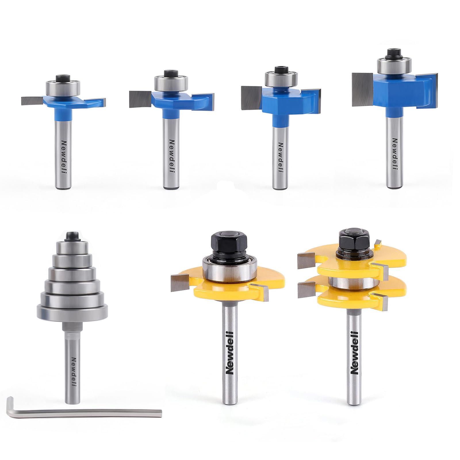 Newdeli 6Pcs Rabbeting Router Bit (1/8",1/4",3/8", 1/2") and Tongue and ...